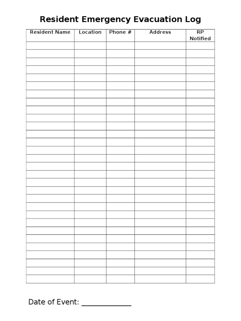 Resident Emergency Evacuation Log: Date of Event | PDF