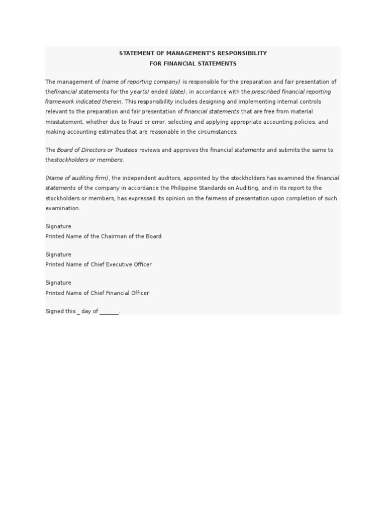 Management Responsibility Statement Template | PDF