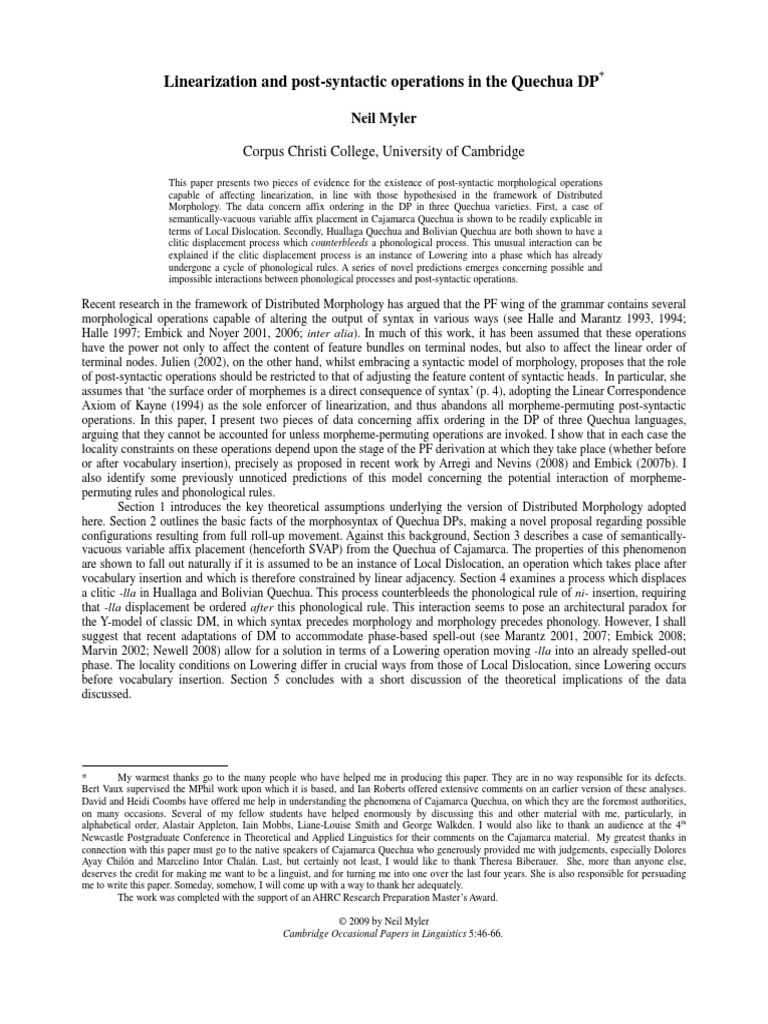 Linearization and Post-Syntactic Operations in The Quechua DP | PDF | Syllable | Morphology ...