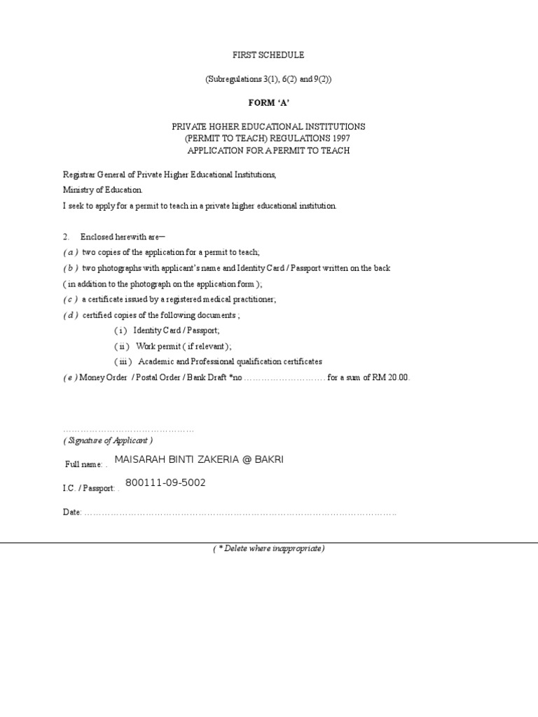 Permit Mengajar (Contoh) | PDF | Identity Document | Social Institutions