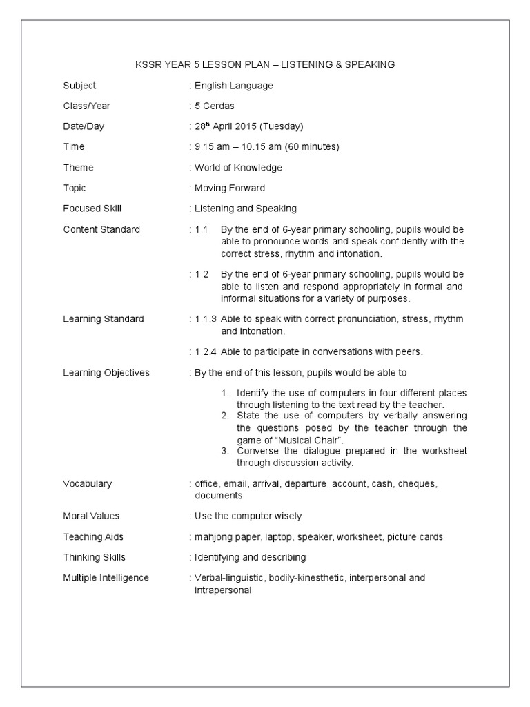 KSSR Year 5 Lesson Plan Listening and Speaking Topic 5 | PDF | Lesson ...