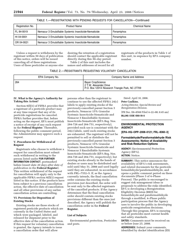 Notice: Formaldehyde/Paraformaldehyde Risk Assessments: Availability ...