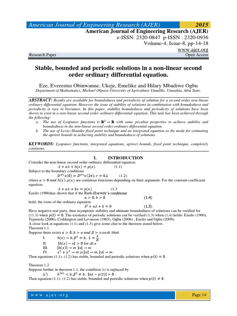 Stable, Bounded and Periodic Solutions in A Non-Linear Second Order ...