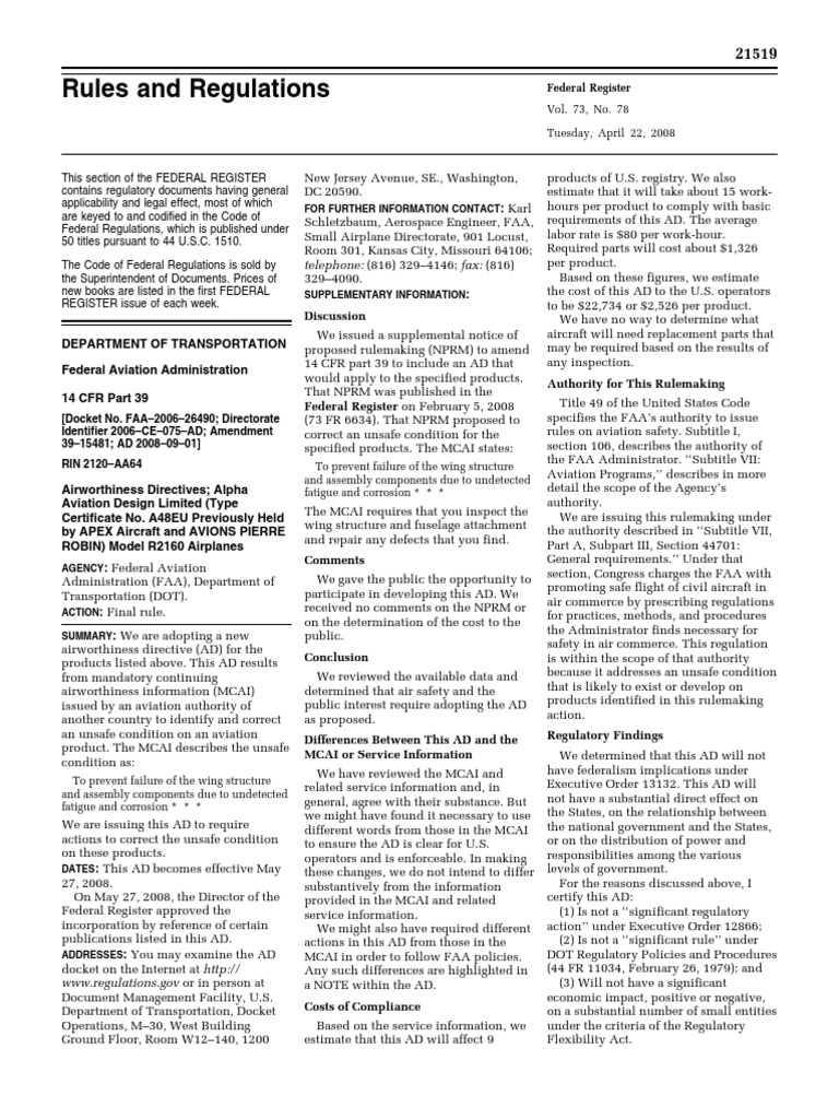 Rule: Airworthiness Directives: Alpha Aviation Design Limited, Etc ...