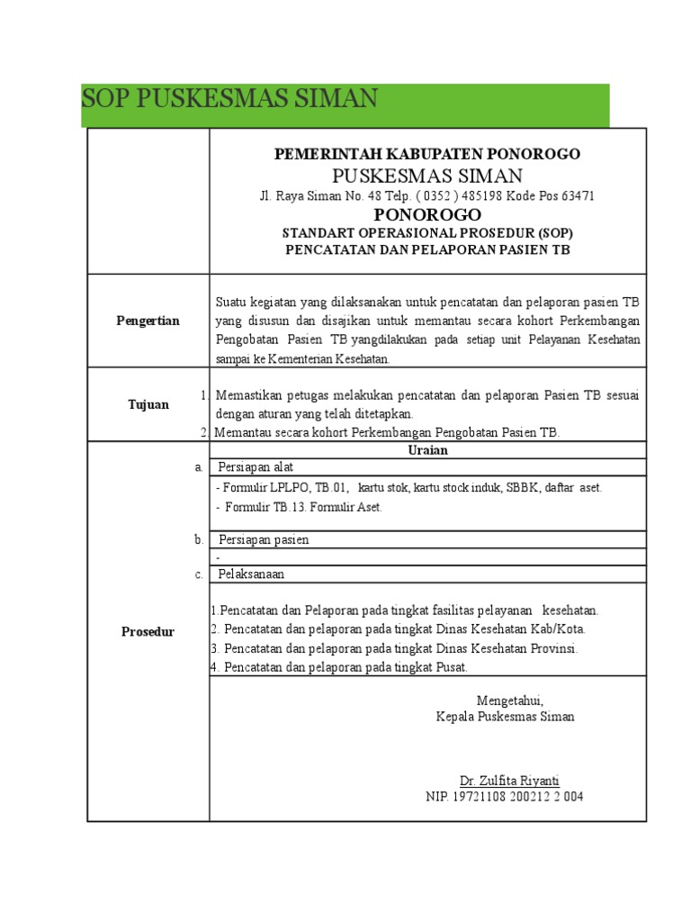 SOP Pencatatan Pasien TB Puskesmas Siman | PDF