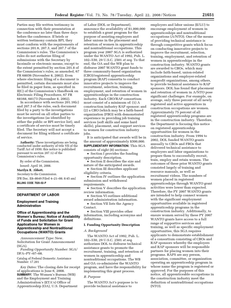 WANTO Grants for Women in Apprenticeships | PDF | United States Postal ...