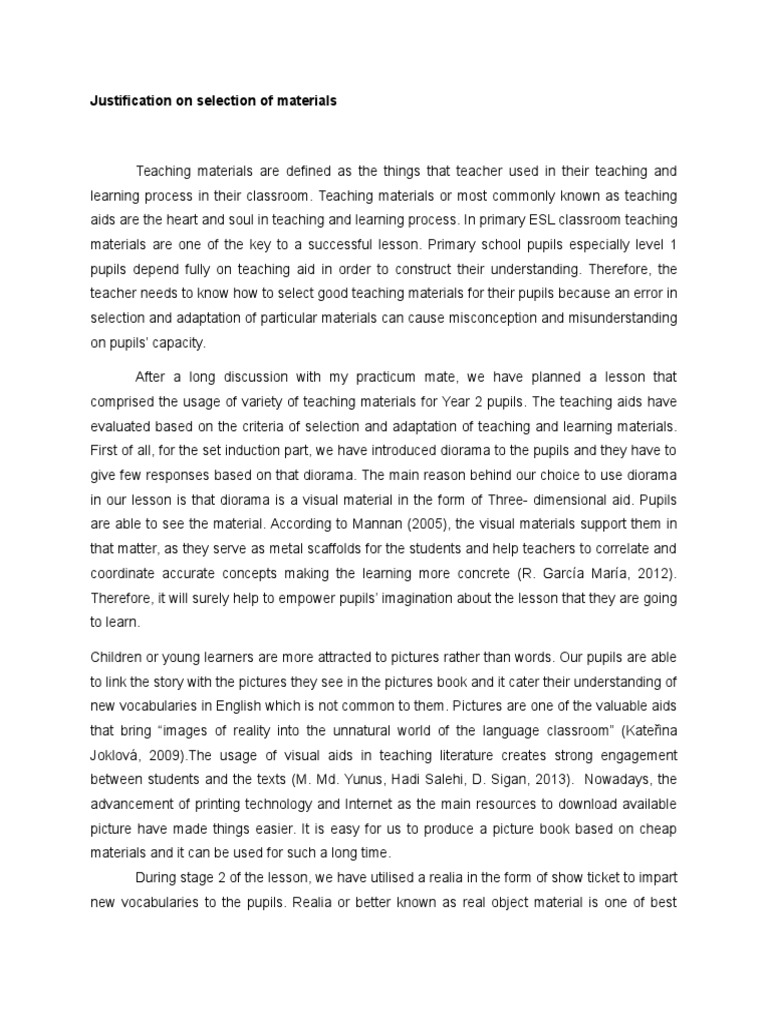 Justification On Selection of Materials | PDF | English As A Second Or ...