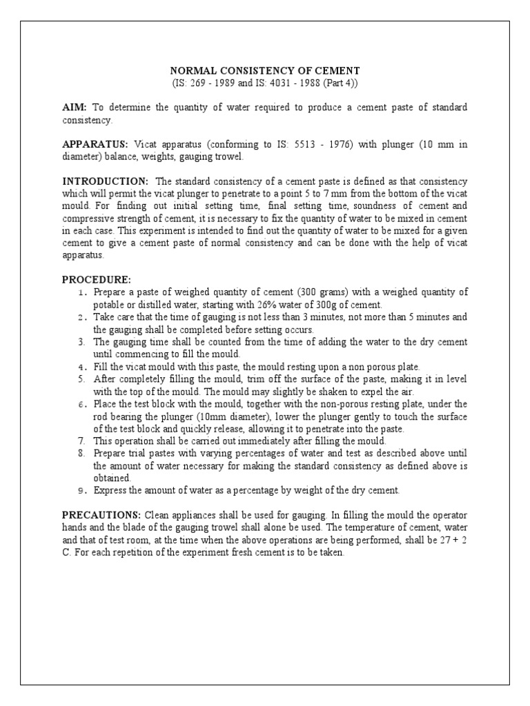 Normal Consistency of cement | Cement | Water