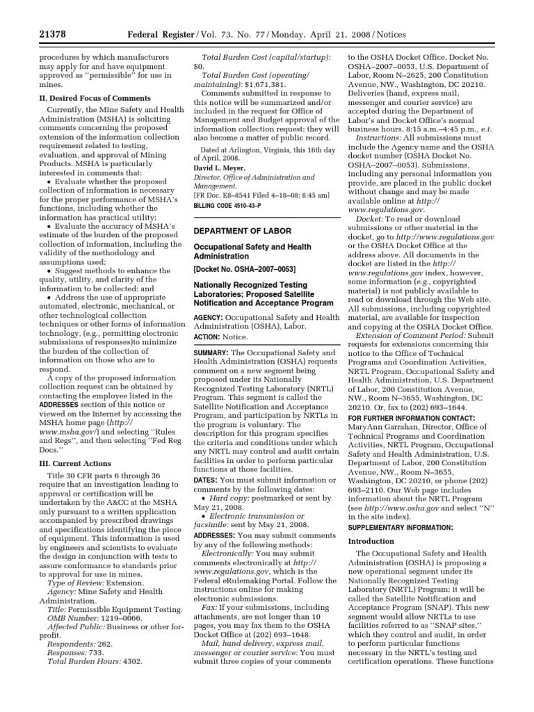 Notice: Nationally Recognized Testing Laboratories Proposed Satellite ...