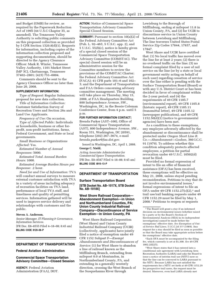 Notice: West Shore Railroad CorporationAbandonment Exemption-In Union ...