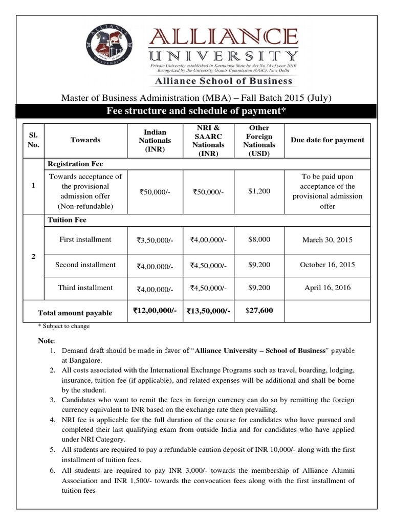 Fee Structure and Schedule of Payment : Master of Business ...