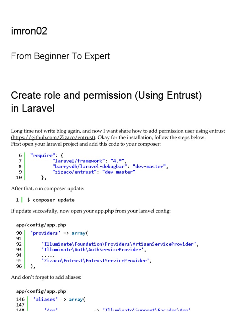 Create Role and Permission (Using Entrust) in Laravel - Imron02 | PDF | User (Computing) | Blog