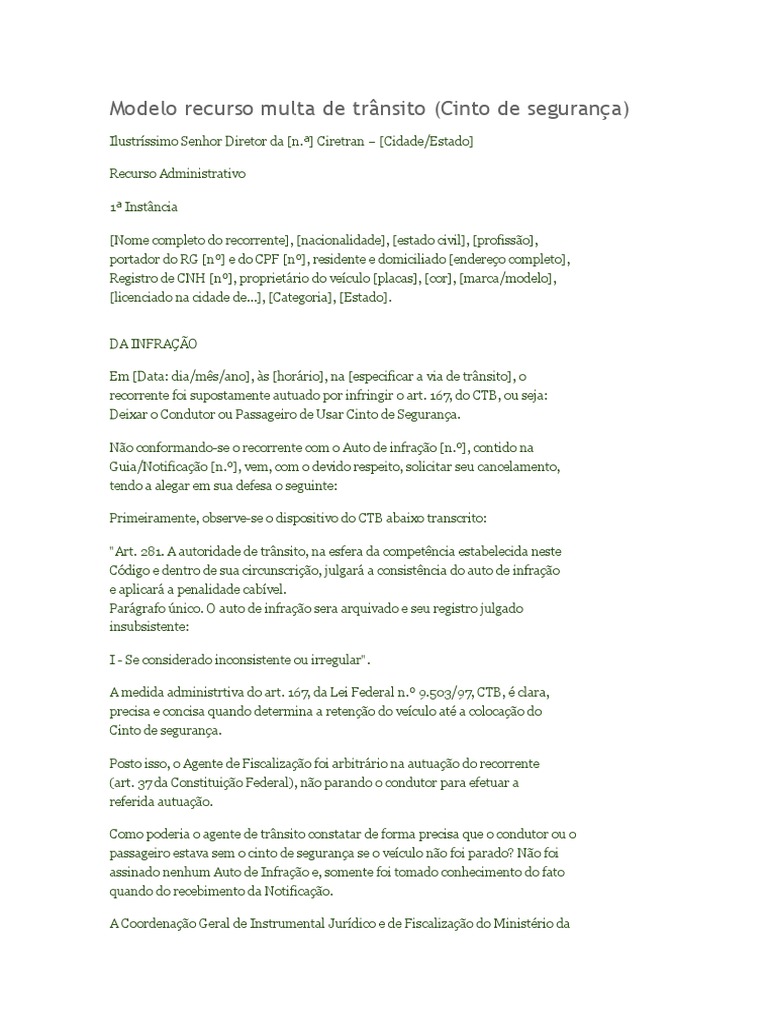 Modelo Recurso Multa de Trânsito | PDF | Tráfego | Lei Estatutária