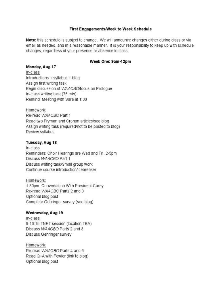 Weekly Class Schedule and Assignments | PDF