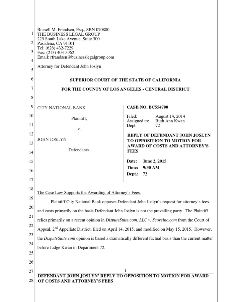 Reply To Opposition To Motion For Attorney's Fees | PDF | Attorney's Fee | Lawsuit