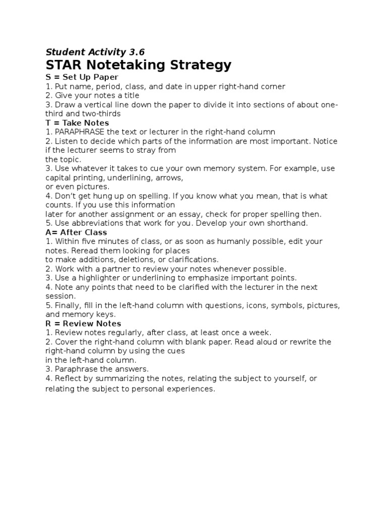 STAR Notetaking Strategy: Student Activity 3.6 | PDF