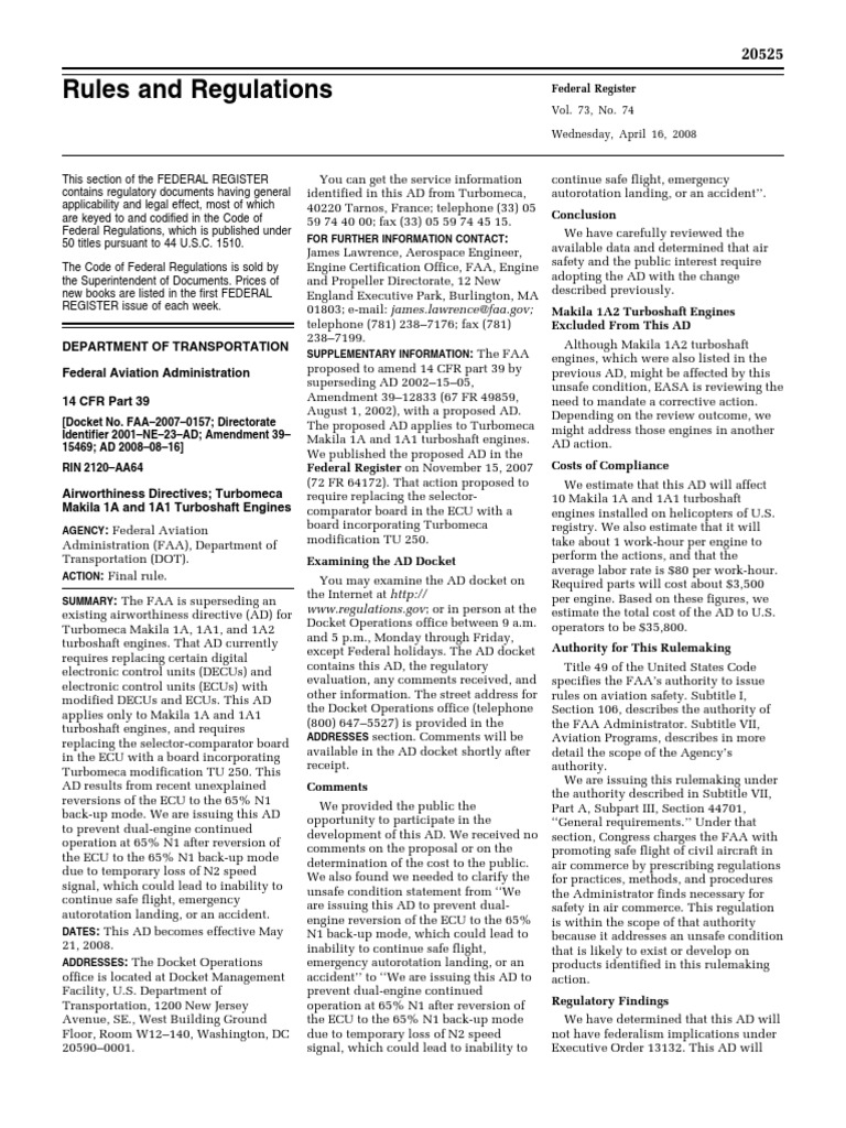 Rule: Airworthiness Directives: Turbomeca Makila 1A and 1A1 Turboshaft ...