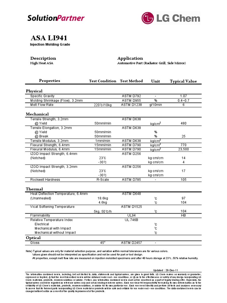 ASA Material Specs Sheet LG | Temperature | Strength Of Materials