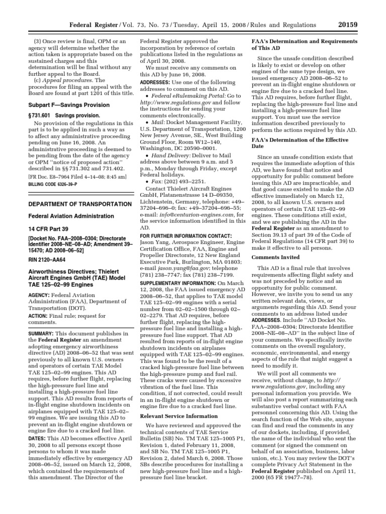 Rule: Airworthiness Directives: Thielert Aircraft Engines GMBH (TAE ...