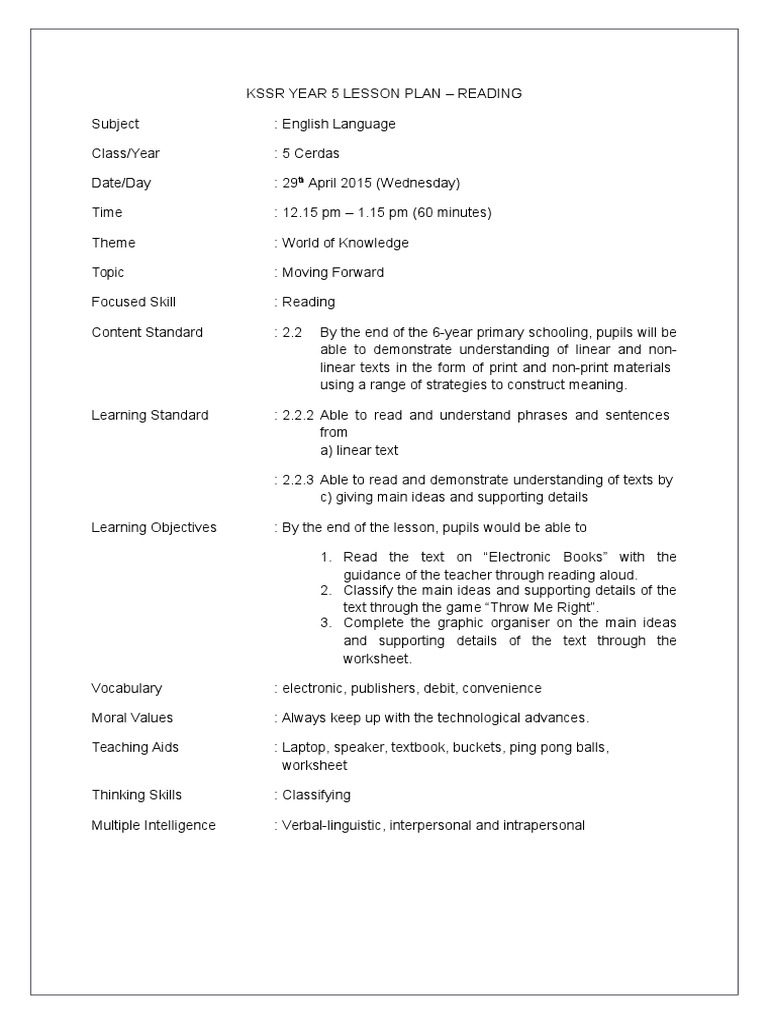 KSSR Year 5 Lesson Plan Reading | PDF | Lesson Plan | Reading (Process)
