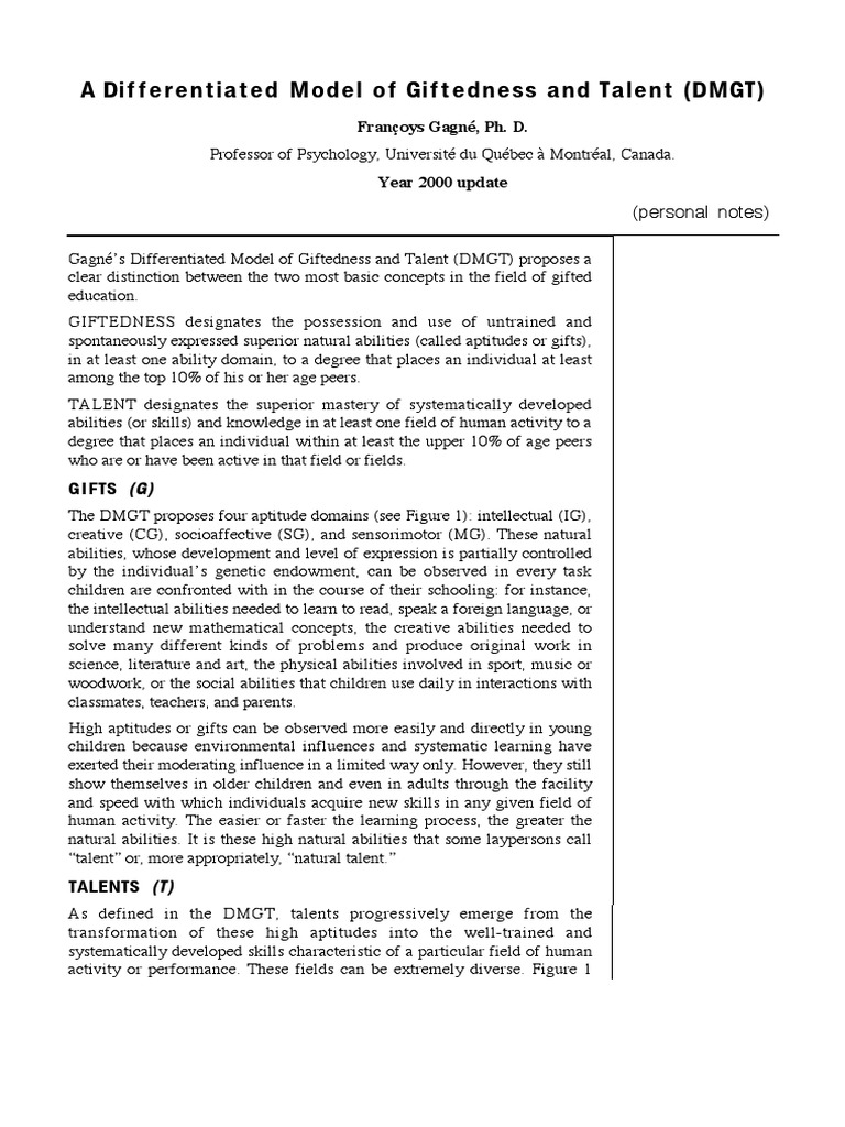 Gagne A Differentiated Model of Giftedness and Talent (DMGT) | PDF | Intellectual Giftedness ...