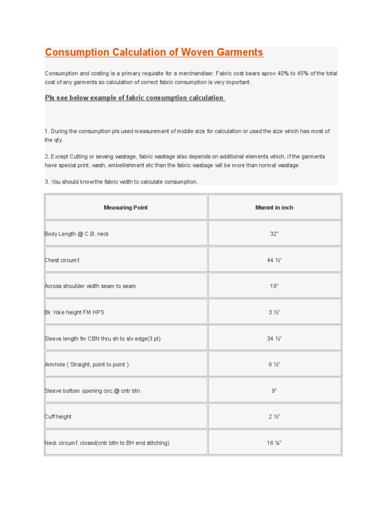 Consumption and CM Calculation of Woven Garments | PDF | Letter Of ...