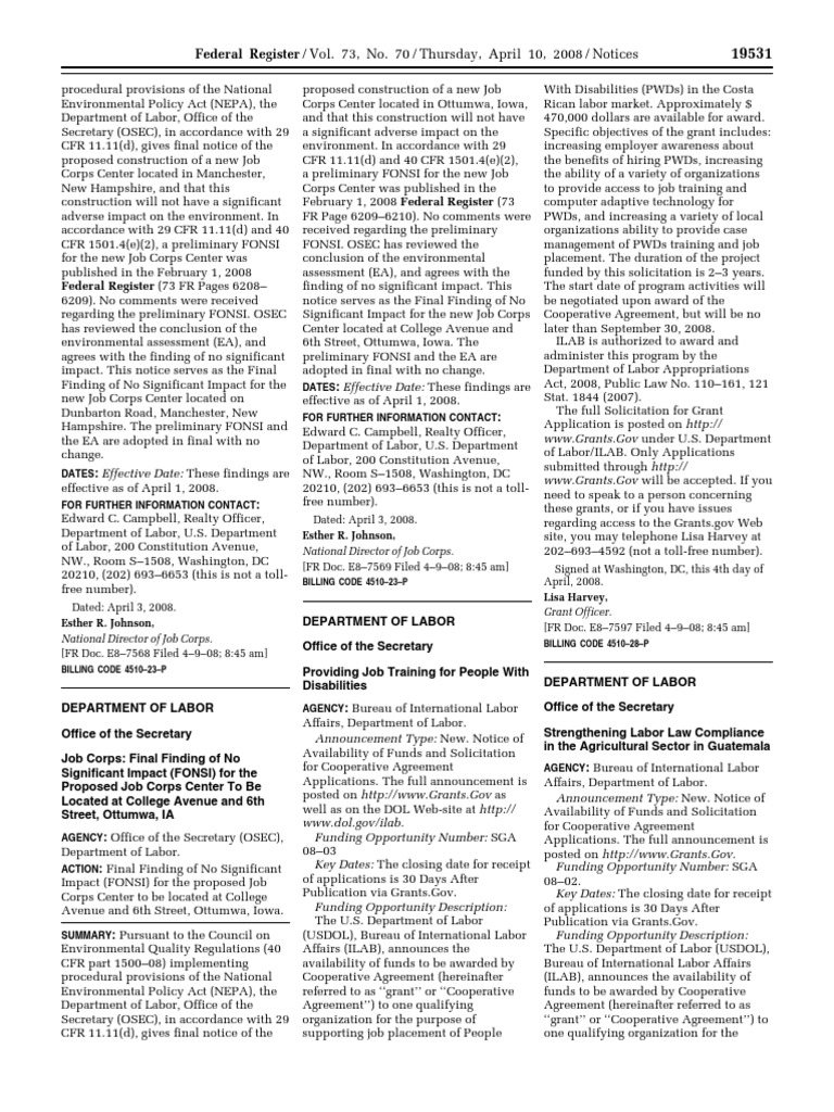 Final FONSI for Job Corps Centers | PDF | National Environmental Policy ...