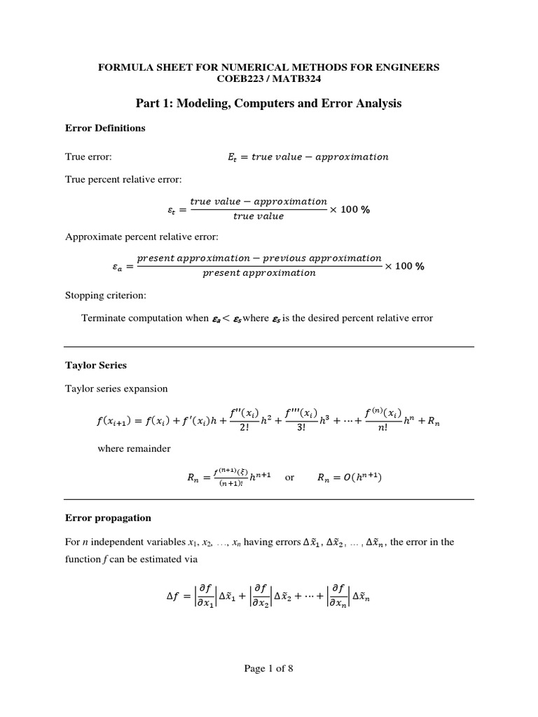 Numerical Methods Formula Sheet | PDF | Numerical Analysis | Partial Differential Equation