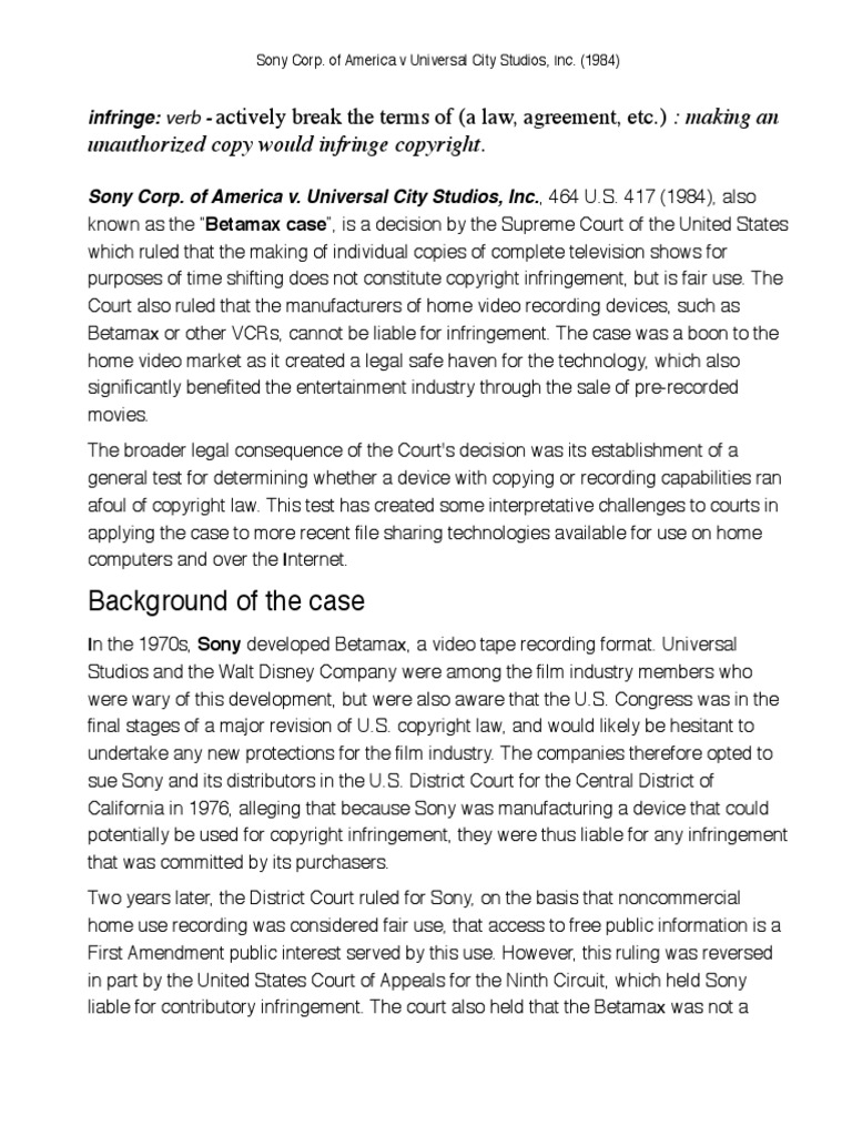 Sony Betamax Case Summary | PDF | Copyright Law | Law