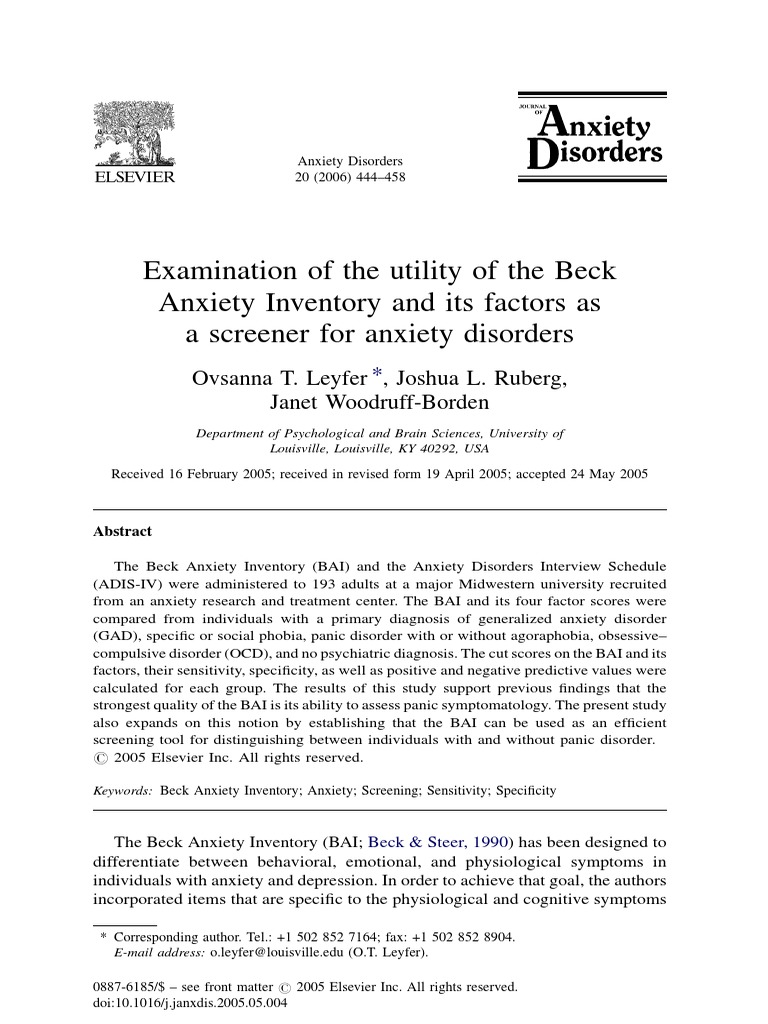 Examination of Beck Inventory.pdf | Sensitivity And Specificity ...