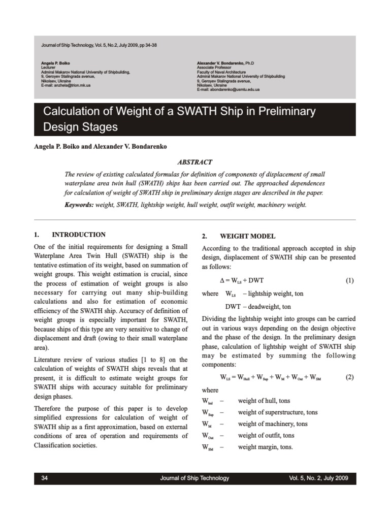 Weight Calculation for SWATH Ships | PDF | Hull (Watercraft) | Ships