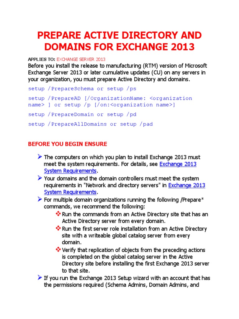 Prepare Active Directory and Domains For Exchange 2013 PDF | PDF | Active Directory | Microsoft ...