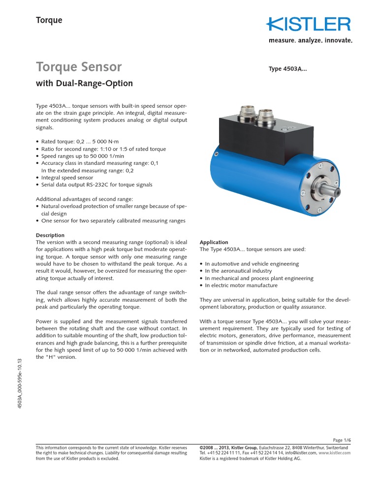 KISTLER Torque Sensor Type 4503A | PDF | Electrical Connector | Torque
