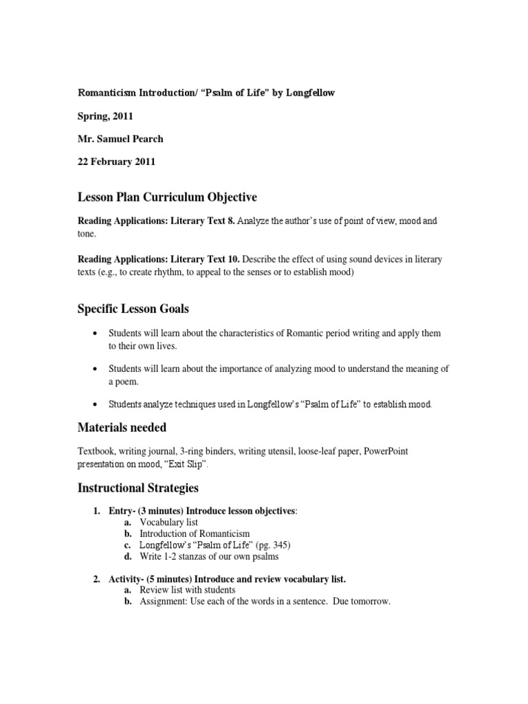 Psalm of Life Lesson Plan | PDF | Romanticism | Lesson Plan