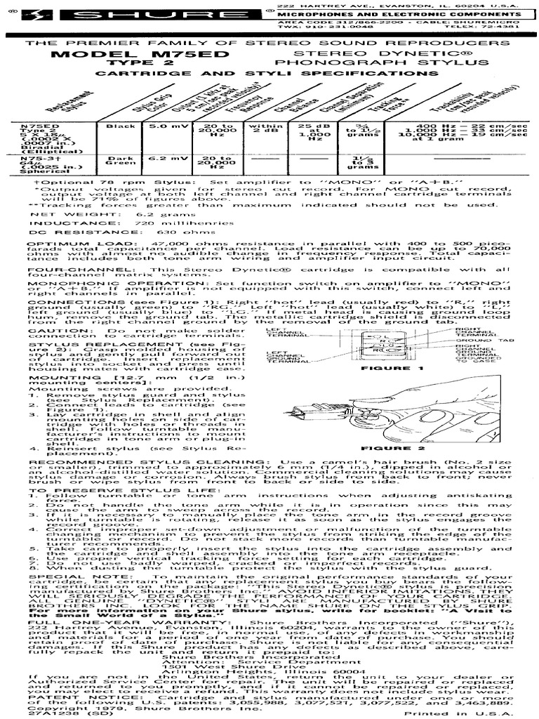 Shure Model M75ED Type 2 | PDF | Phonograph | Gramophone Record