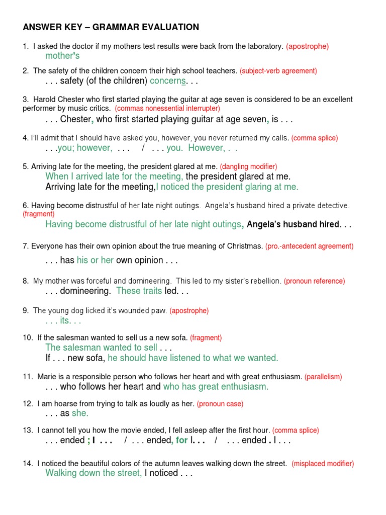 Grammar Evaluation Answer Key | PDF | Language Mechanics | Syntax