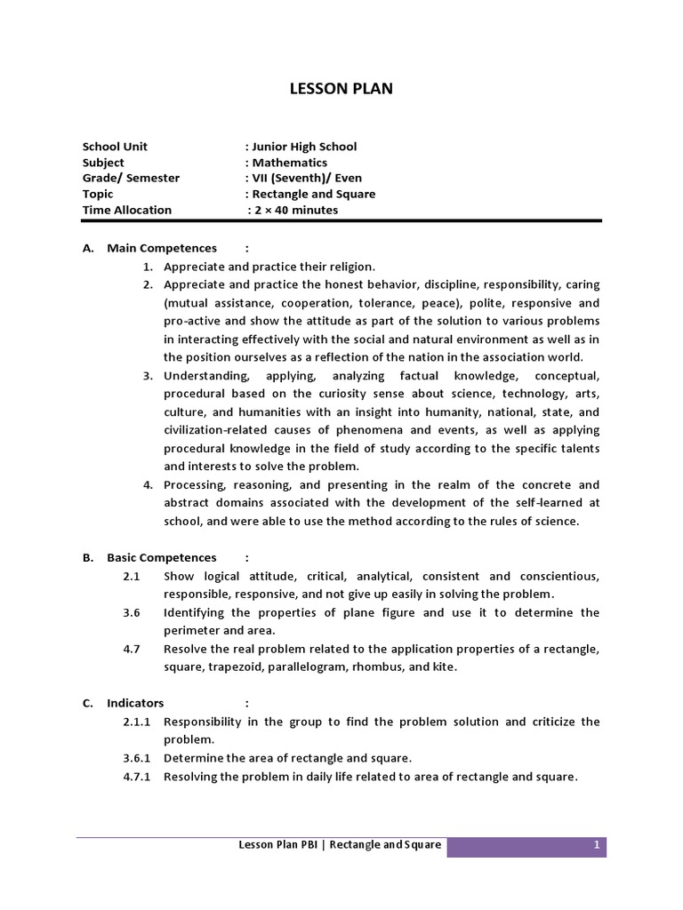 LESSON PLAN (PBI) - Square and Rectangle-RIZA | PDF | Rectangle ...