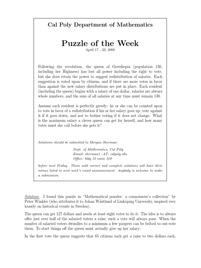 Puzzle of The Week Solution | PDF | Voting | Government