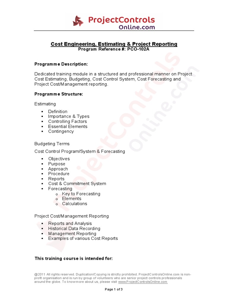 PCO-Cost Engineering Training Course | PDF | Forecasting | Engineering