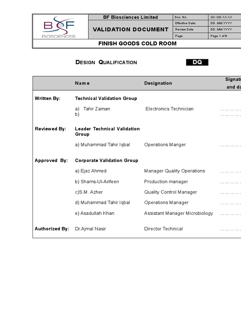 Design Qualification protocol - Finish Product Cold Room.doc | Verification And Validation ...