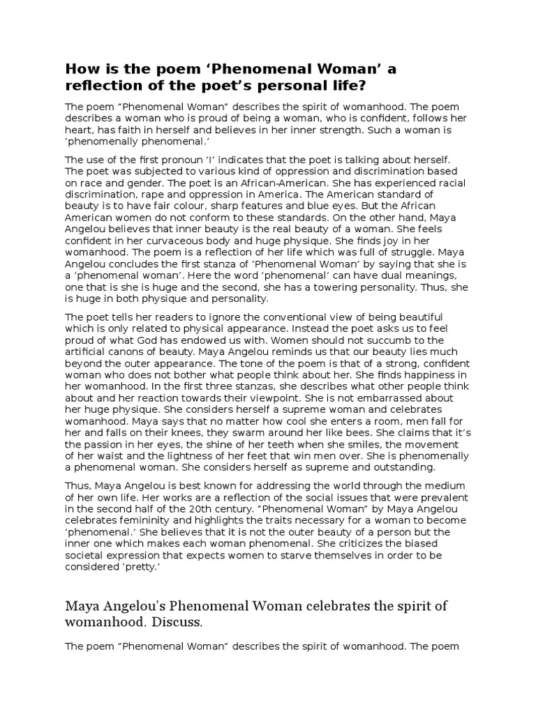How Is The Poem Phenomenal Woman' A Reflection of The Poet's Personal ...