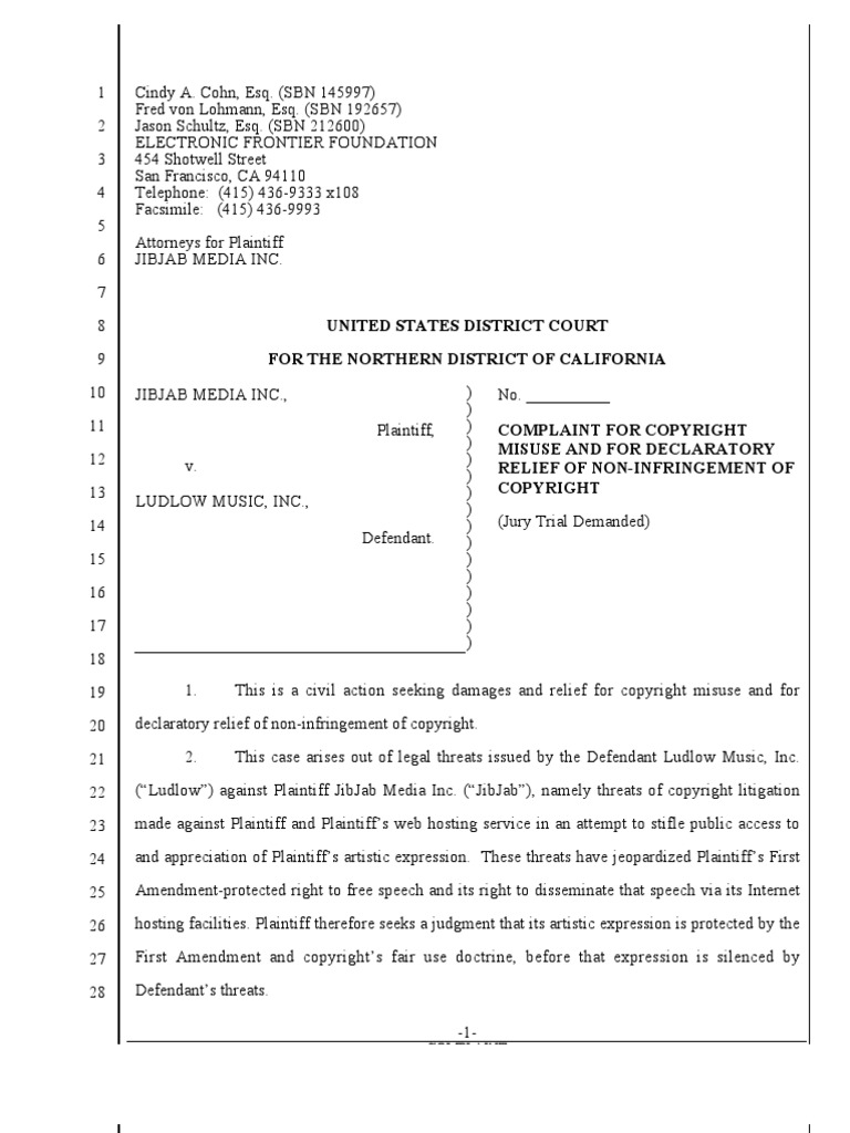 00277-20040729 JibJab Complaint | PDF | Fair Use | Declaratory Judgment