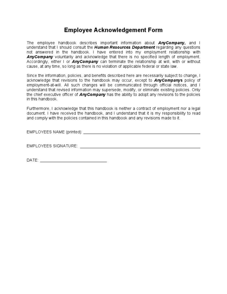 Small Business - Employee Handbook Acknowledgement Form | PDF | Career ...