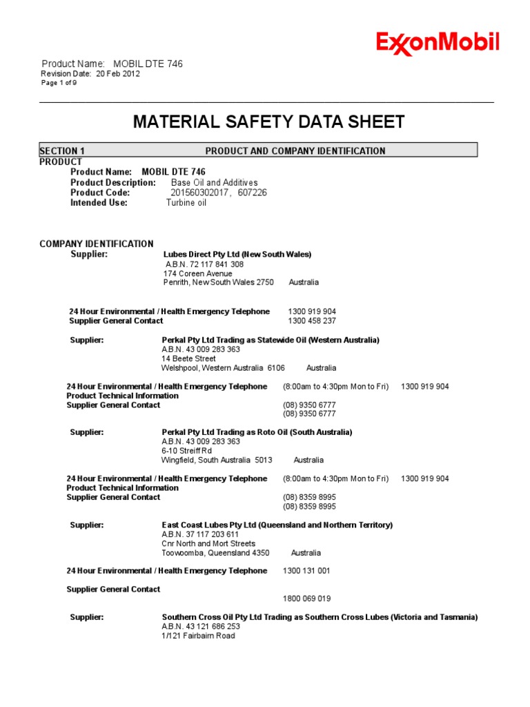 Material Safety Data Sheet: Product Name: MOBIL DTE 746 | PDF ...