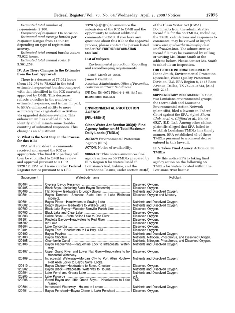 Notice: Clean Water Act Section 303 (D) Final Agency Action On 56 Total ...