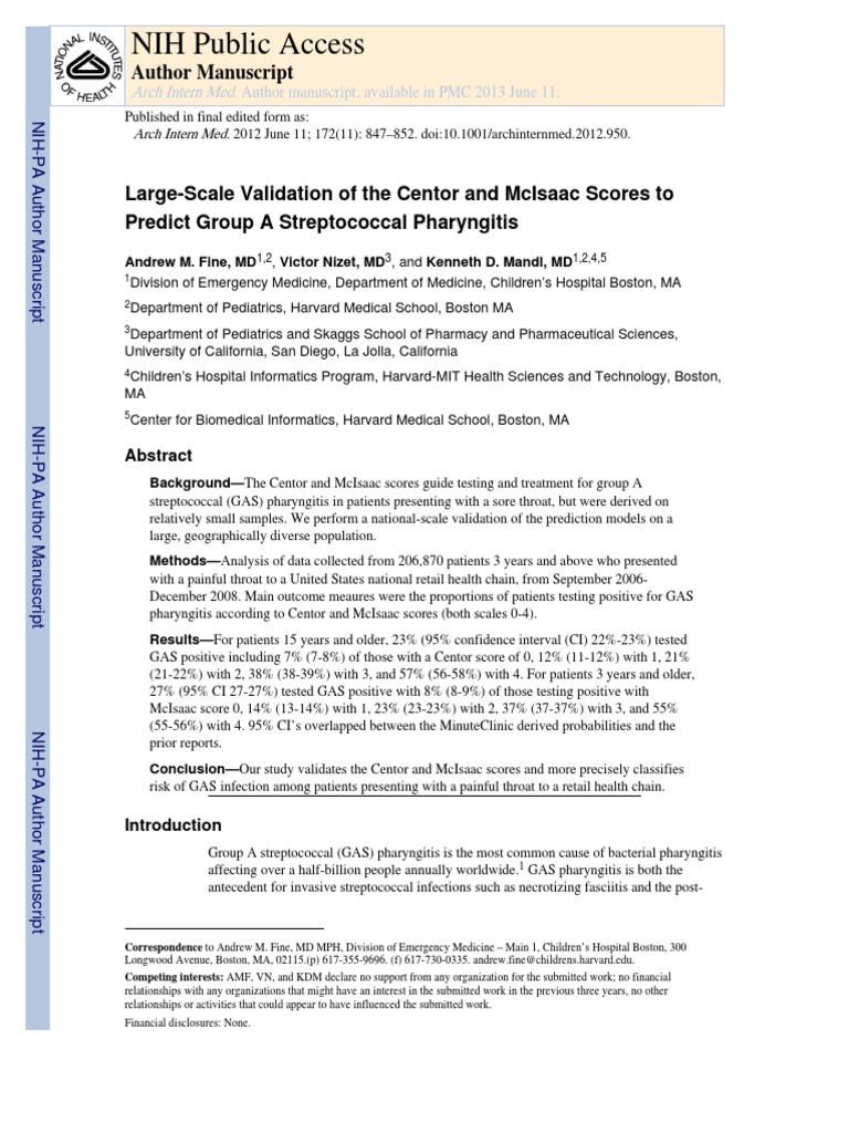 Nih Public Access: Large-Scale Validation of The Centor and Mcisaac ...