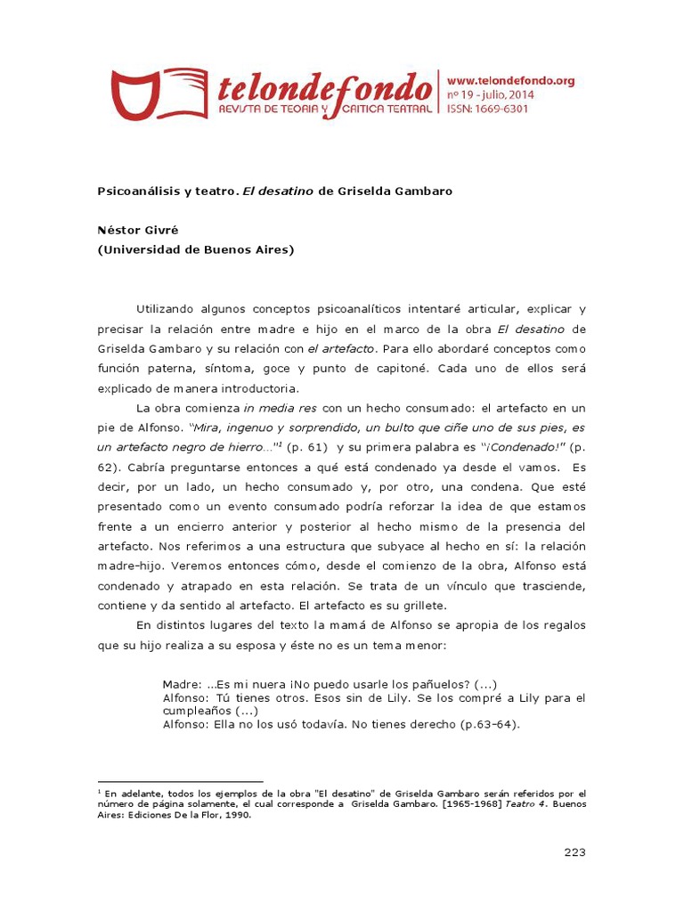 Psicoanalisis y Teatro El Desatino de Griselda Gambaro | Descargar ...