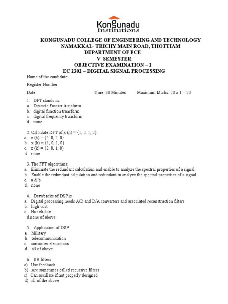 DSP Objective Questions | PDF | Digital Signal Processing | Signal ...