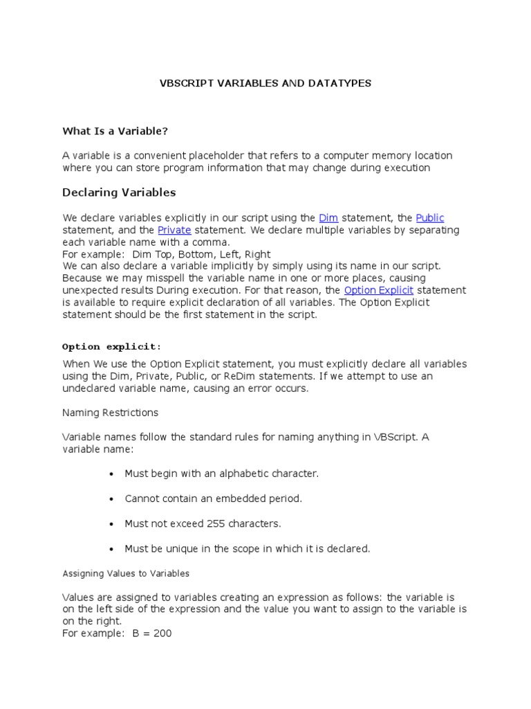 Declaring Variables Vbscript Variables And Datatypes Pdf Variable Computer Science Data 0420
