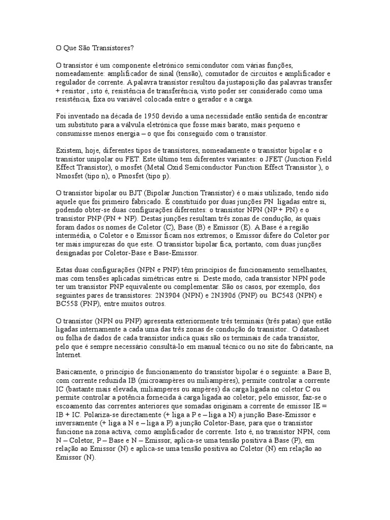 Tipos e Funcionamento de Transistores | PDF | Transistor | Transistor ...